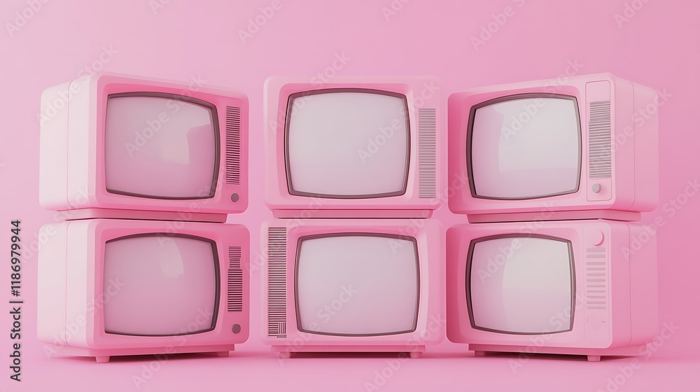 90s pink televisions stacked mock up four units white screens white ...