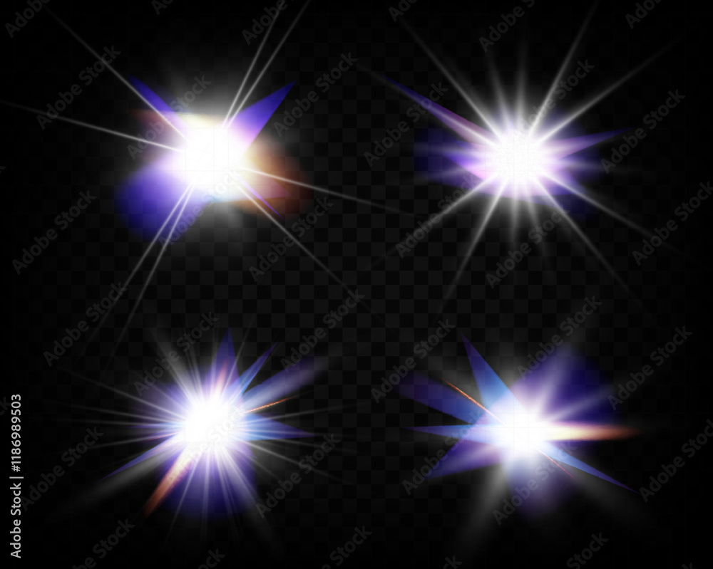 Set of glowing light effects with lens flares, starbursts, and radiant ...