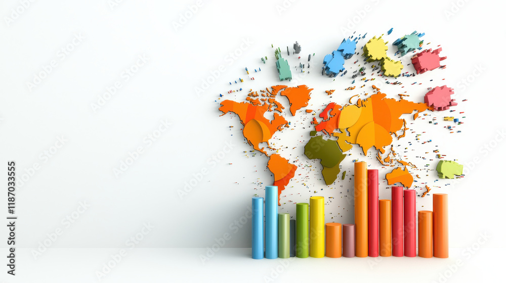 colorful world map with 3D bar graphs representing economic data ...