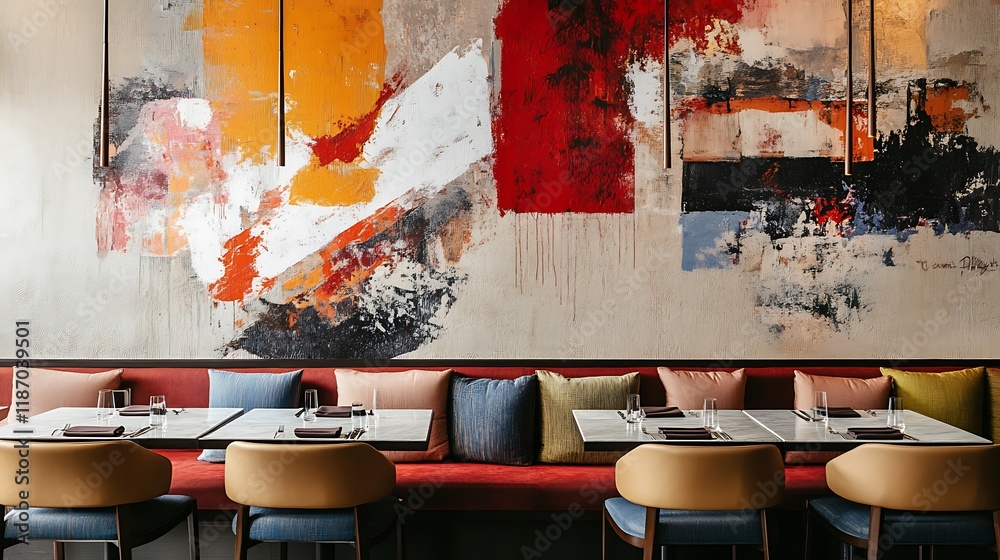 Abstract art adorns a modern restaurant's wall above a plush banquette ...
