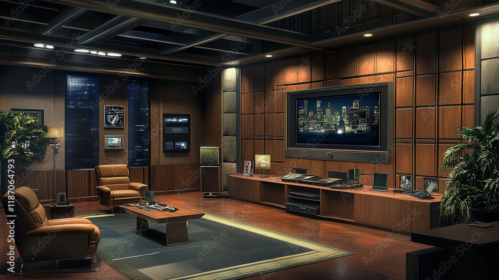 Ilustracja bez tantiem: 3D-rendered TV studio with a wall-mounted TV ...