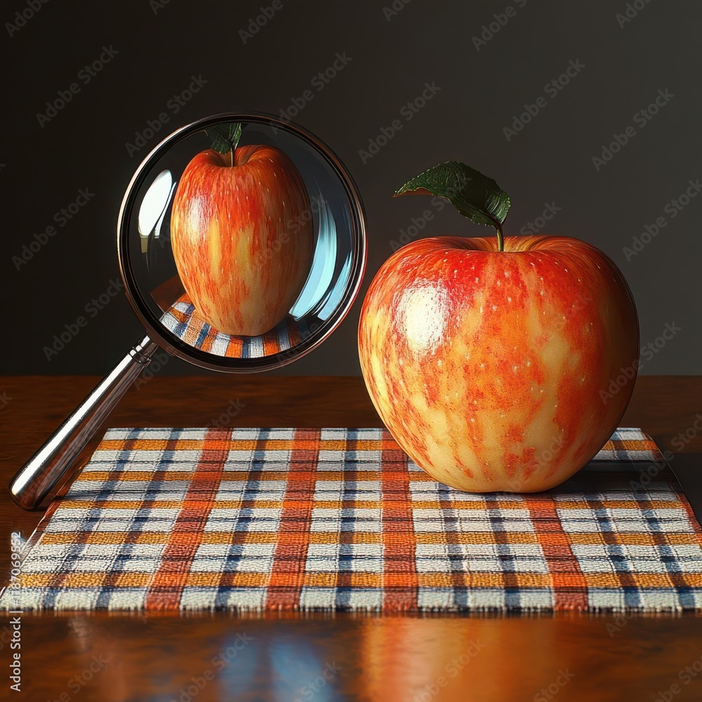 Vibrant, luscious apple on a checkered mat, under a magnifying glass ...