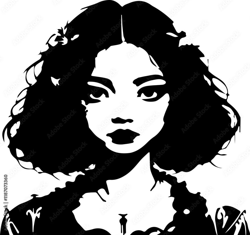 vintage little girl portrait stencil vector hand drawn illustration ...