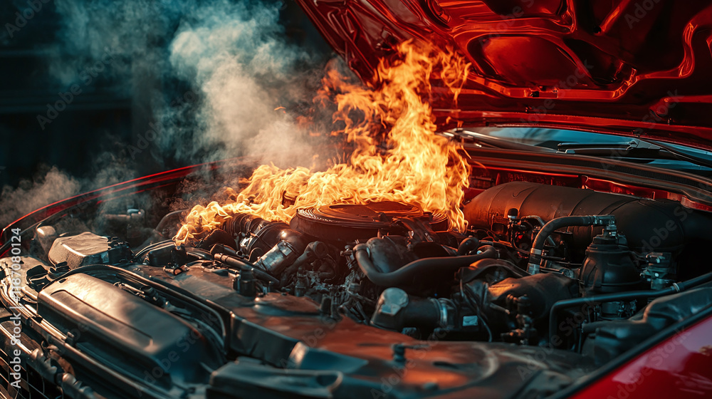Smoke and flame of fire under the open hood of red car with strong ...