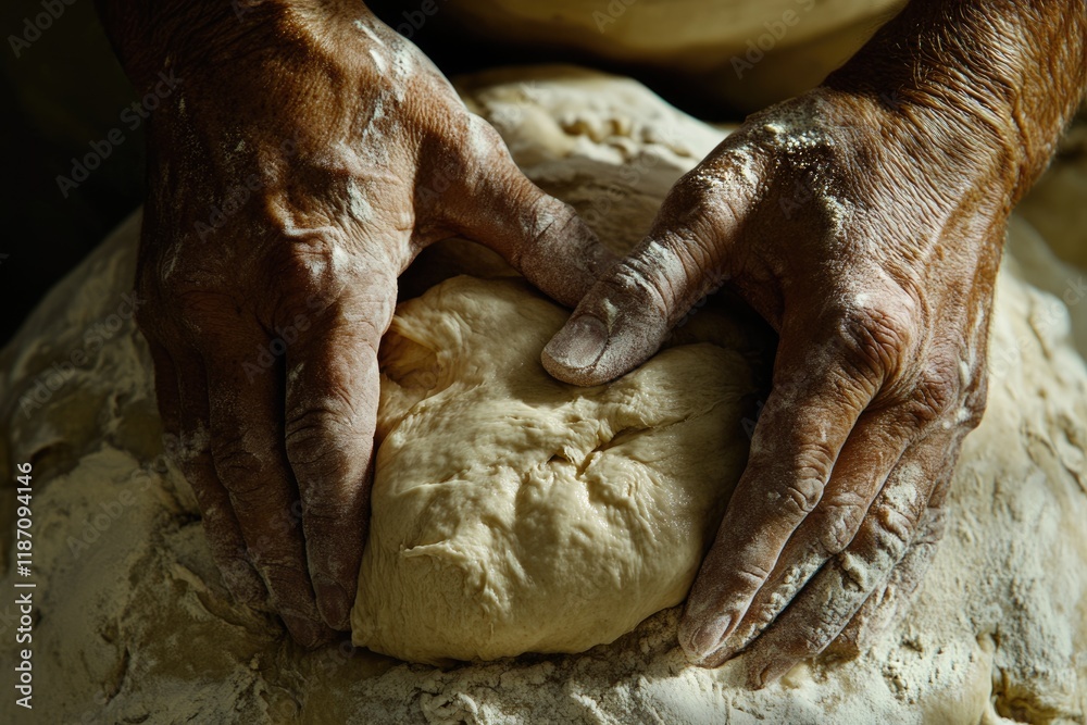 Elderly hands gently shaping a ball of dough, a symbol of baking ...