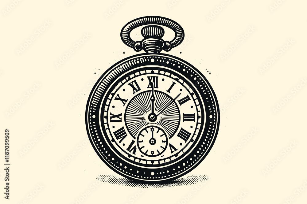 Vintage pocket watch illustration in simple black flat engraving style ...