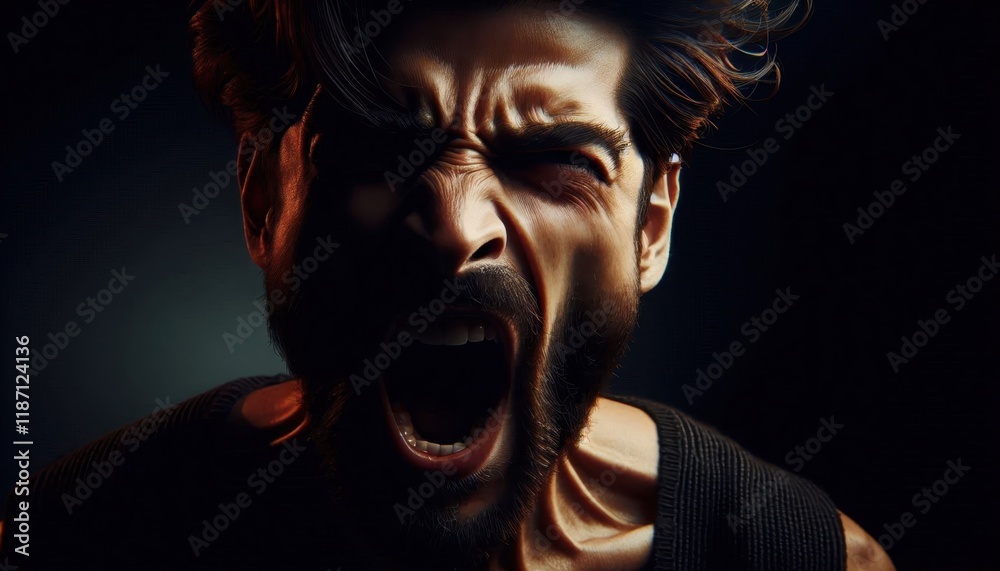Intense close-up portrait, mature man screaming, dramatic lighting ...