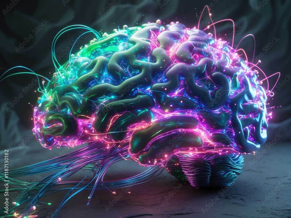 Neural networks and artificial intelligence represented by a vibrant, glowing brain with ...