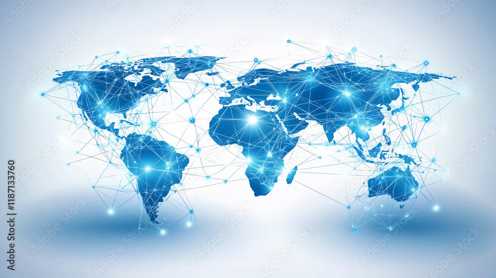 A detailed cyber-themed world map with bright glowing nodes and interconnected network lines ...