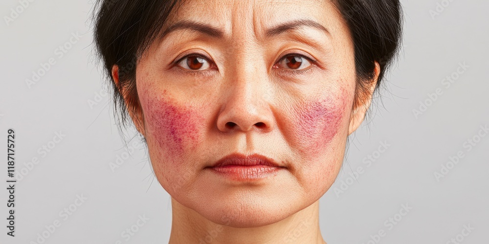 Woman with facial redness and bruising expressing concern in neutral ...