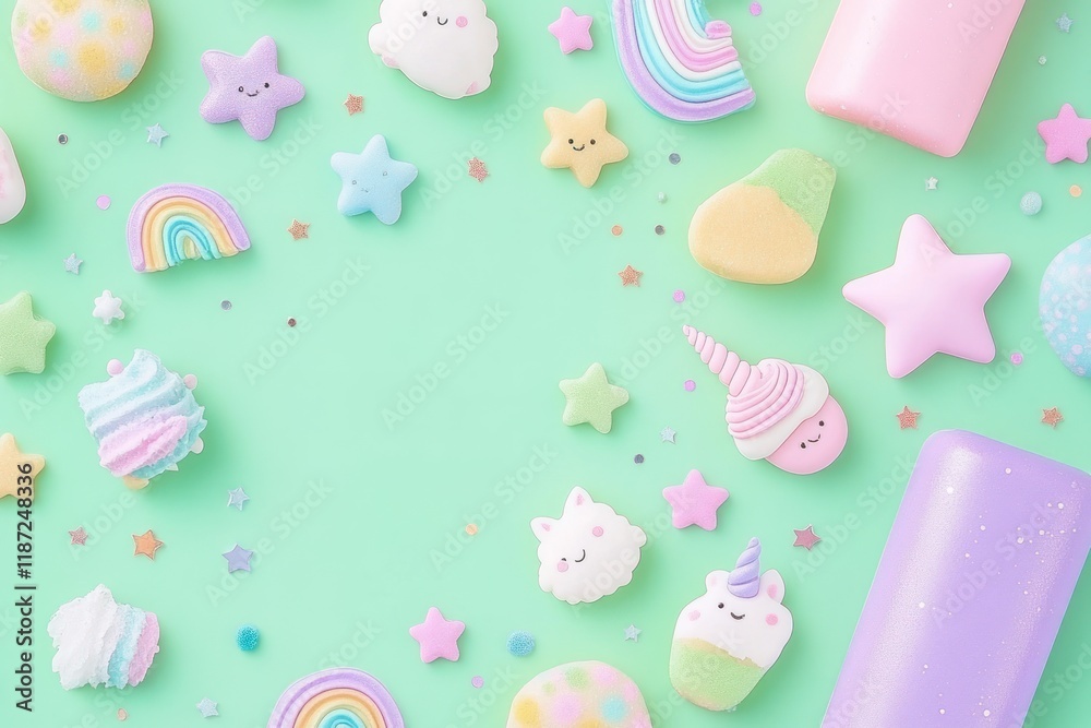 Whimsical Candycore Pastel Green Flyer Background with Handmade Cartoon ...