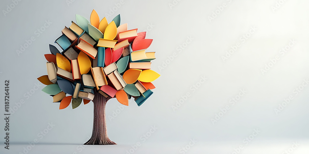 A 3D conceptual tree with books for leaves, representing knowledge and ...