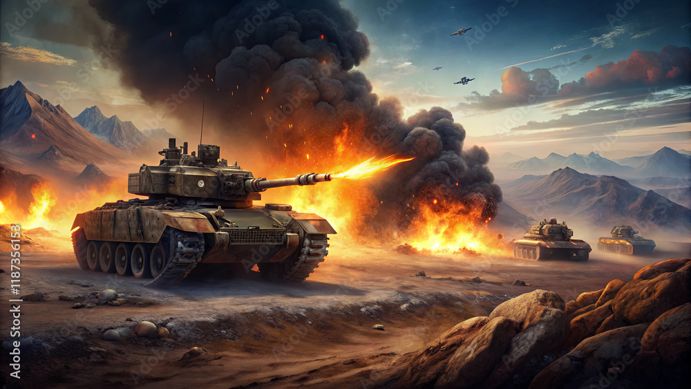 Military tanks unleash firepower in a fierce battle against a backdrop ...