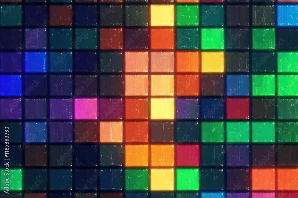 Retro Pixelated Glitch Game Background with Neon Square Tiles and ...
