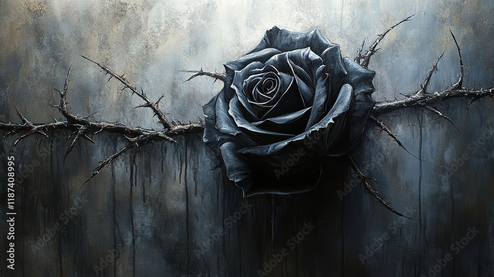 Dark rose against thorns artistic illustration surreal environment ...