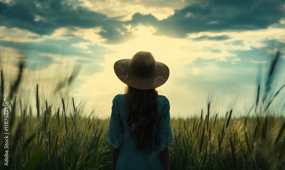 Mujer con choclos y sombrero de paja en el campo, campo abierto, naturaleza, paisaje Stock ...