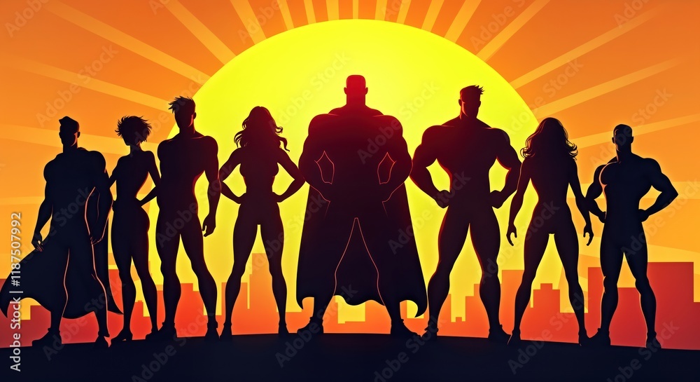 Powerful superhero team stands united. Strong silhouettes symbolize ...