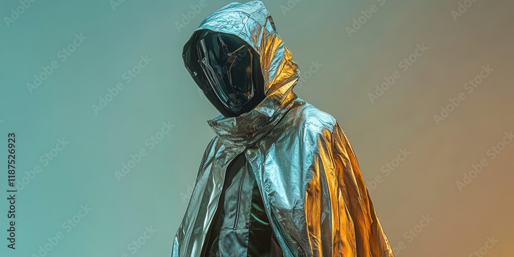 Half-body shot of a model in a high-fashion techwear cloak with ...