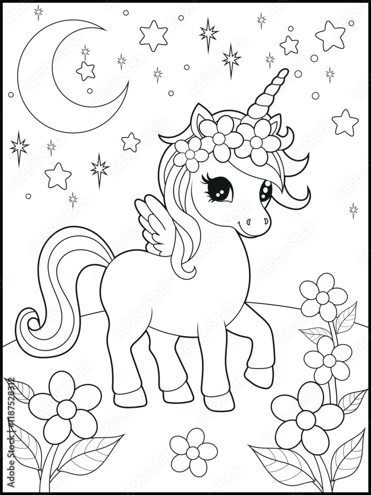 Black and White Unicorn Coloring Page for Kids. Cute, Hand-Drawn ...