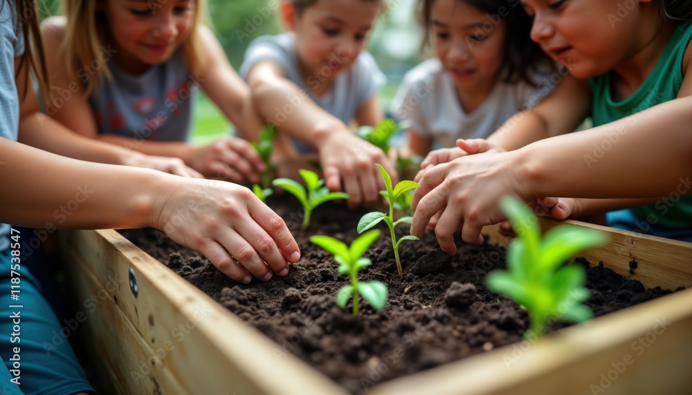 Children plant seedlings in garden bed. Hands-on learning about nature ...