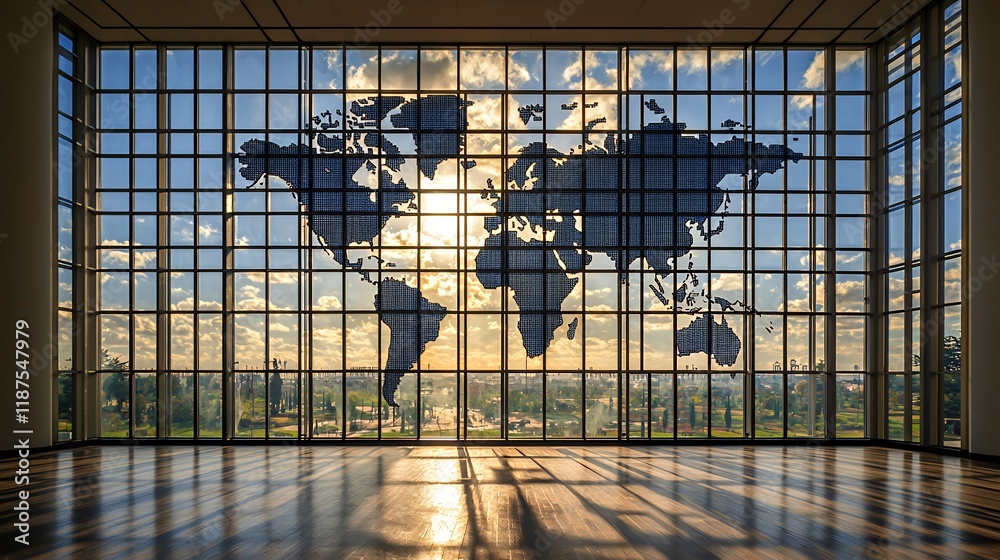 Global Perspective: A World Map Etched onto a Modern Window, Basking in ...