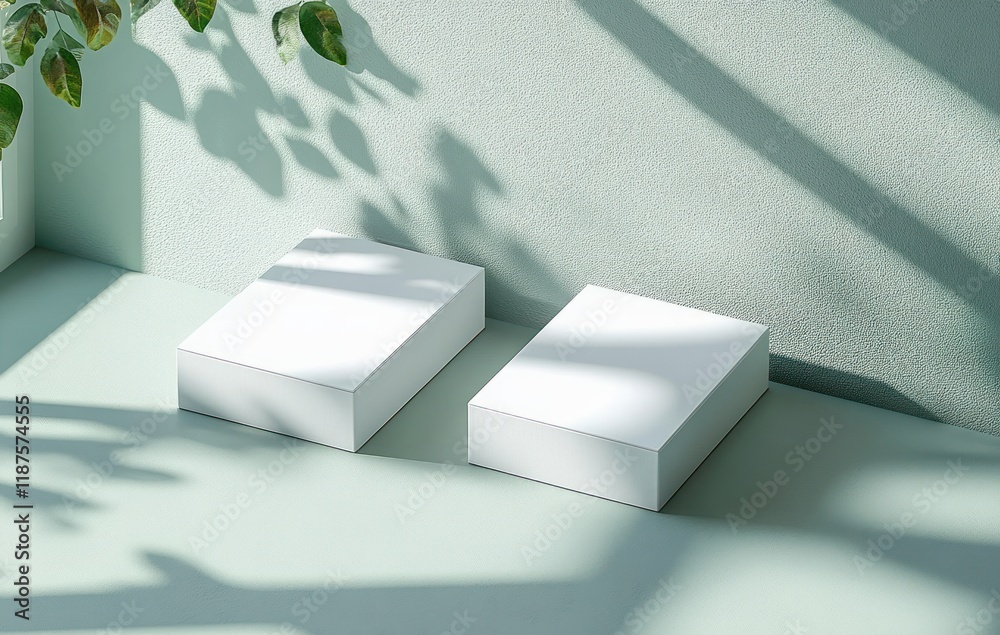 Minimalist Still Life of White Boxes on Pale Green Surface with Natural ...