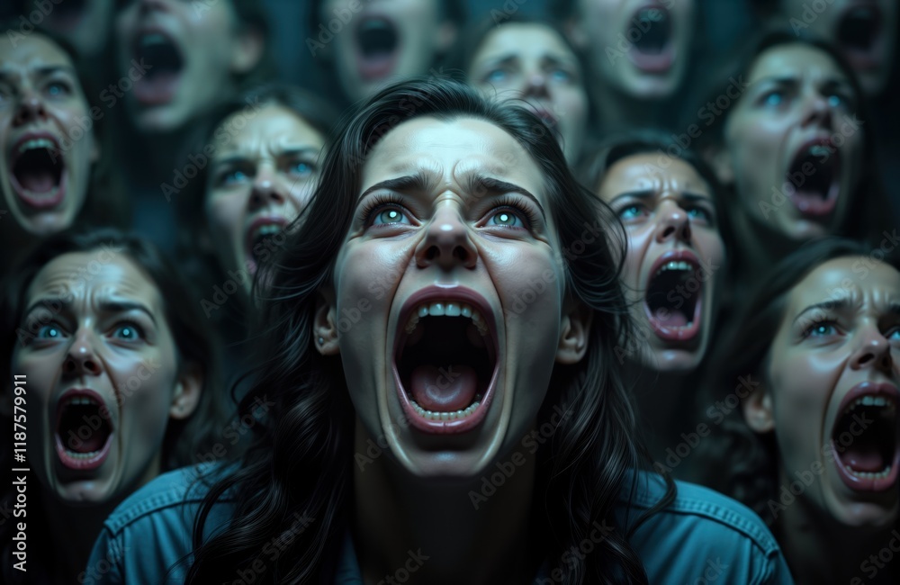 Many faces scream loudly. People show extreme emotion. Image mental ...