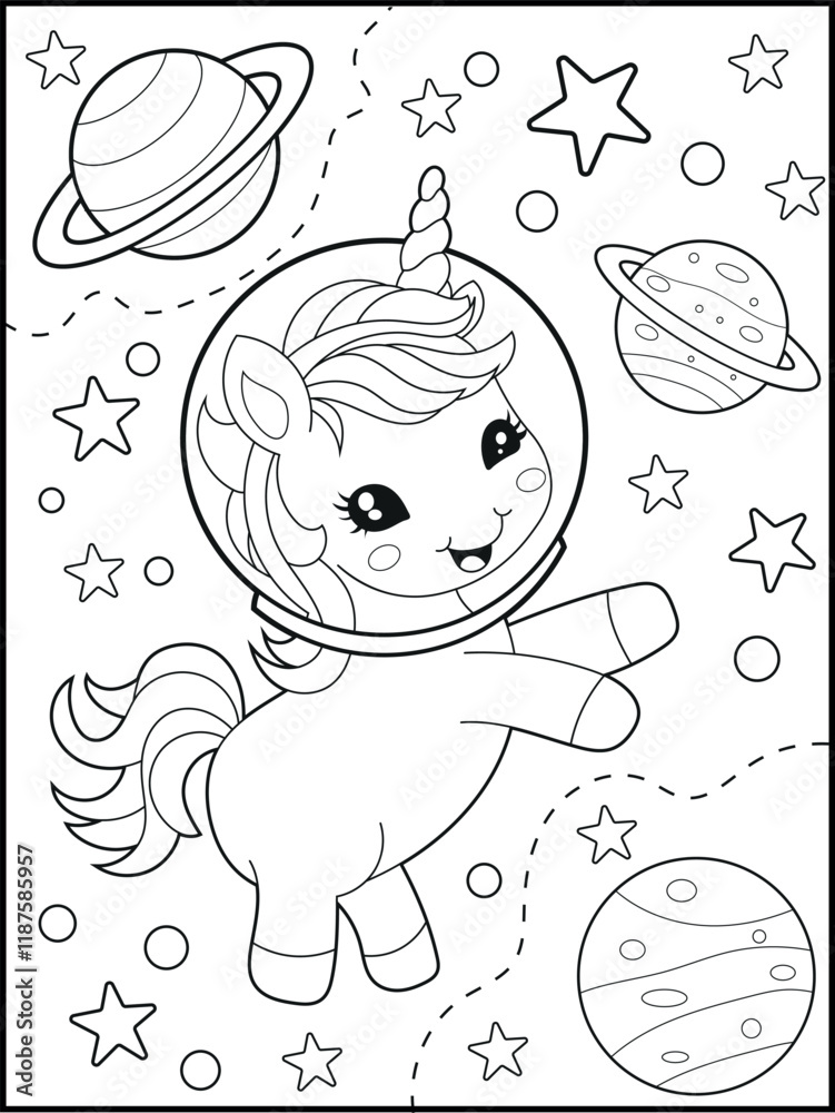 Space Unicorn Coloring Page for Kids. Printable Black and White ...