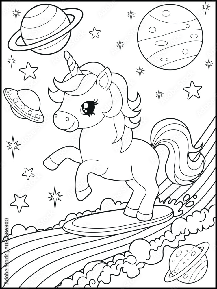 Space Unicorn Coloring Page for Kids. Printable Black and White ...