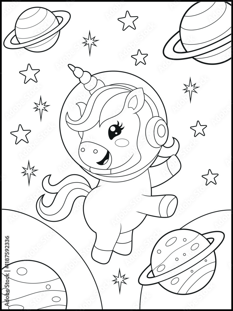 Space Unicorn Coloring Page for Kids. Printable Black and White ...