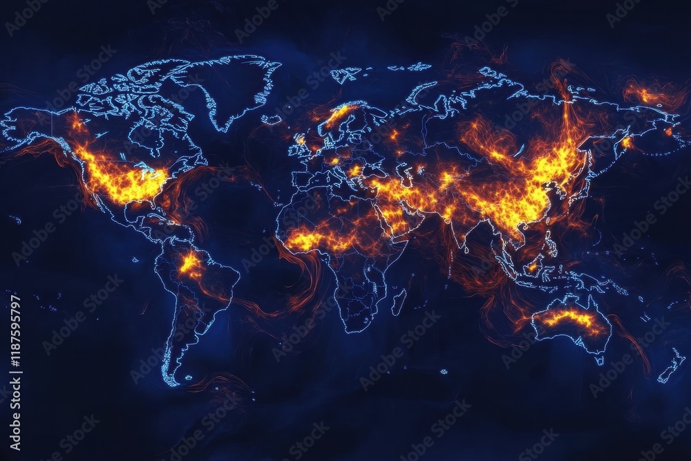 Ilustração World map highlighting zones of viral spread across ...