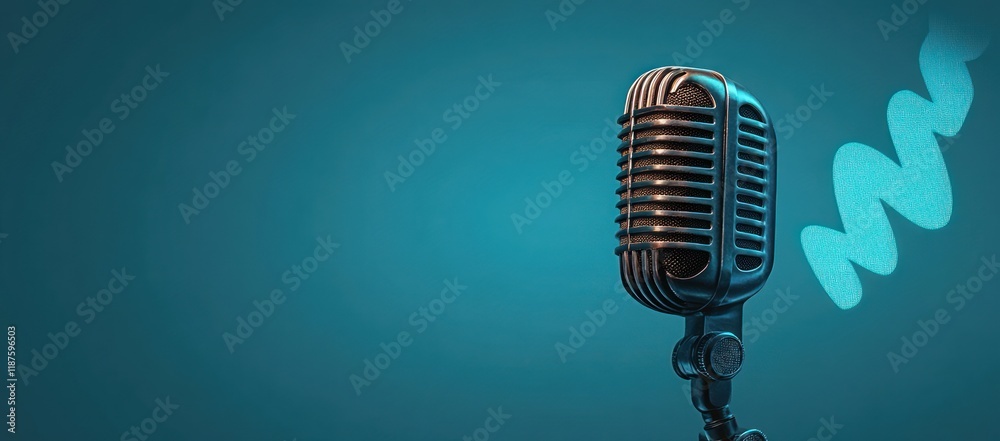 Podcast Microphone with Sound Wave Background for Radio Broadcast and ...