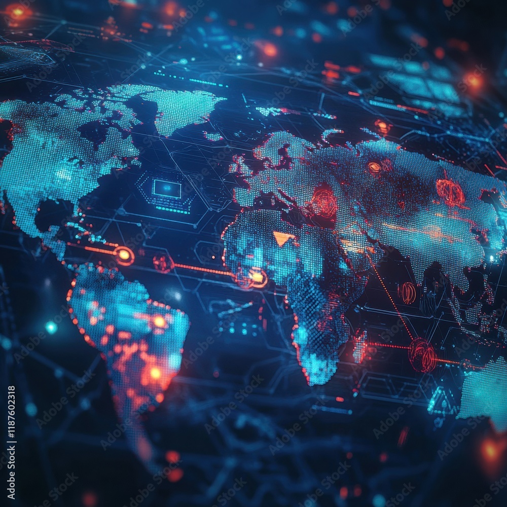 World map illustrating highlighted zones of viral spread and data visualization with digital ...