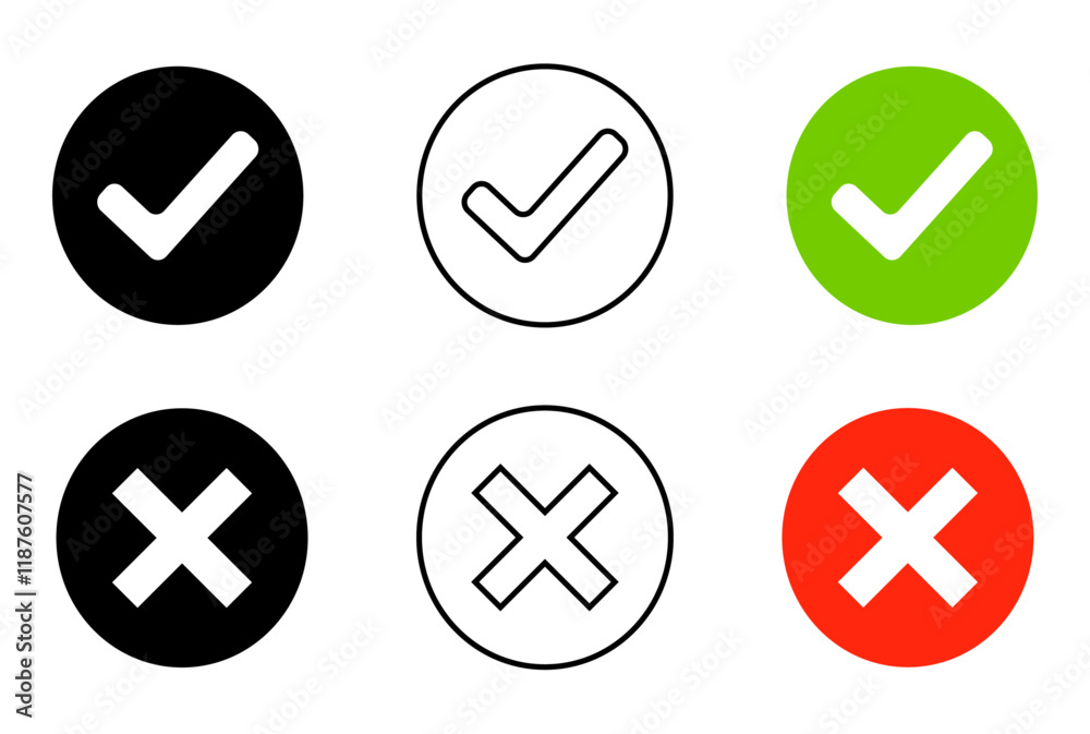 Three white checkmarks and three crosses in contrasting styles, Three ...