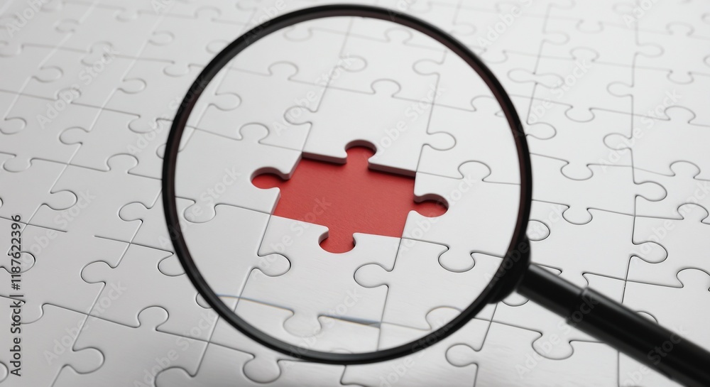 Magnifying glass focuses on a red missing puzzle piece in a white ...