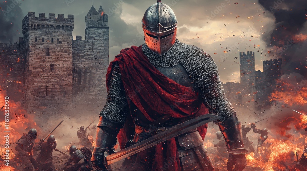 In a fantasy world, a hero as a medieval warrior engages in battle with ...