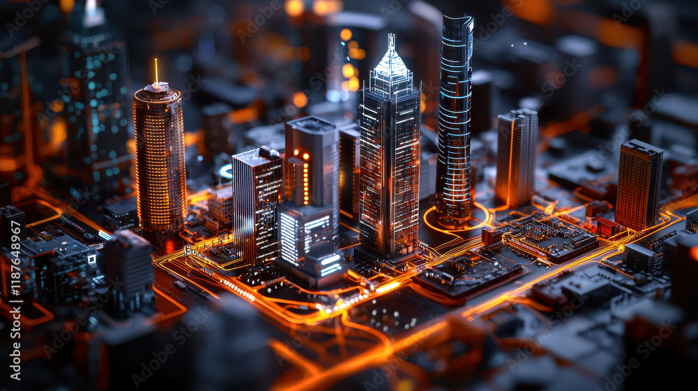 futuristic smart city skyline illuminated by vibrant lights, showcasing ...