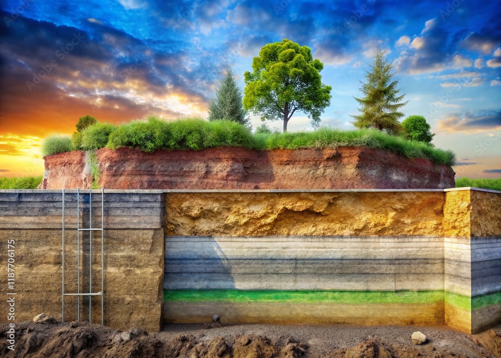 Double Exposure: Gravity Retaining Wall Cross Section & Earth Layers ...