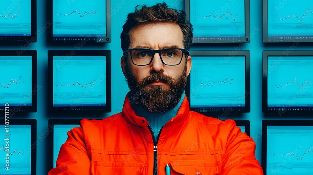 Insightful Analyst Commands Data in a High-Tech Dark-Themed Center with ...