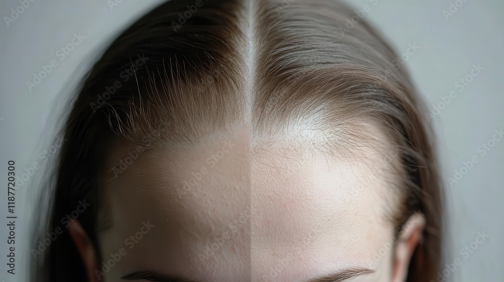 Before and after head shot of a young woman with a receding hairline on ...