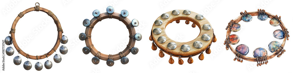 Tambourine, jingling metal discs and wooden frame, 3D watercolor ...