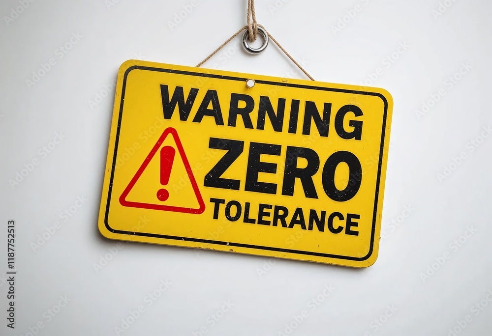 Yellow warning sign with 'Zero Tolerance' message and caution symbol on ...
