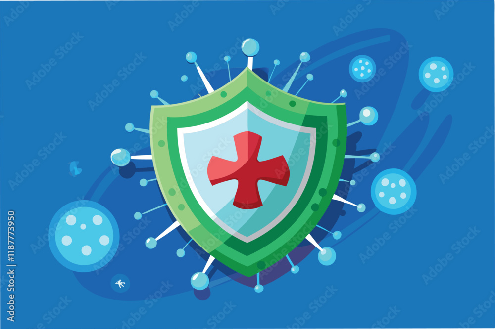 Animated shield with cross symbol blocking hmpv and covid virus ...