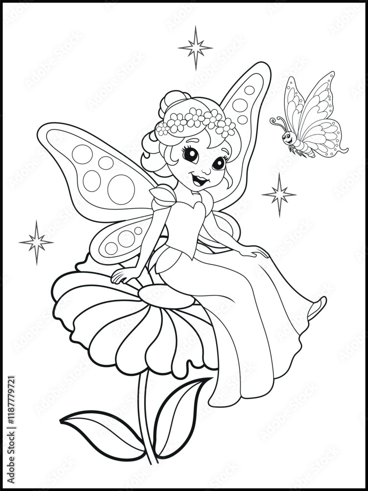 Black and White Fairy Coloring Page for Kids. Cute, Hand-Drawn ...