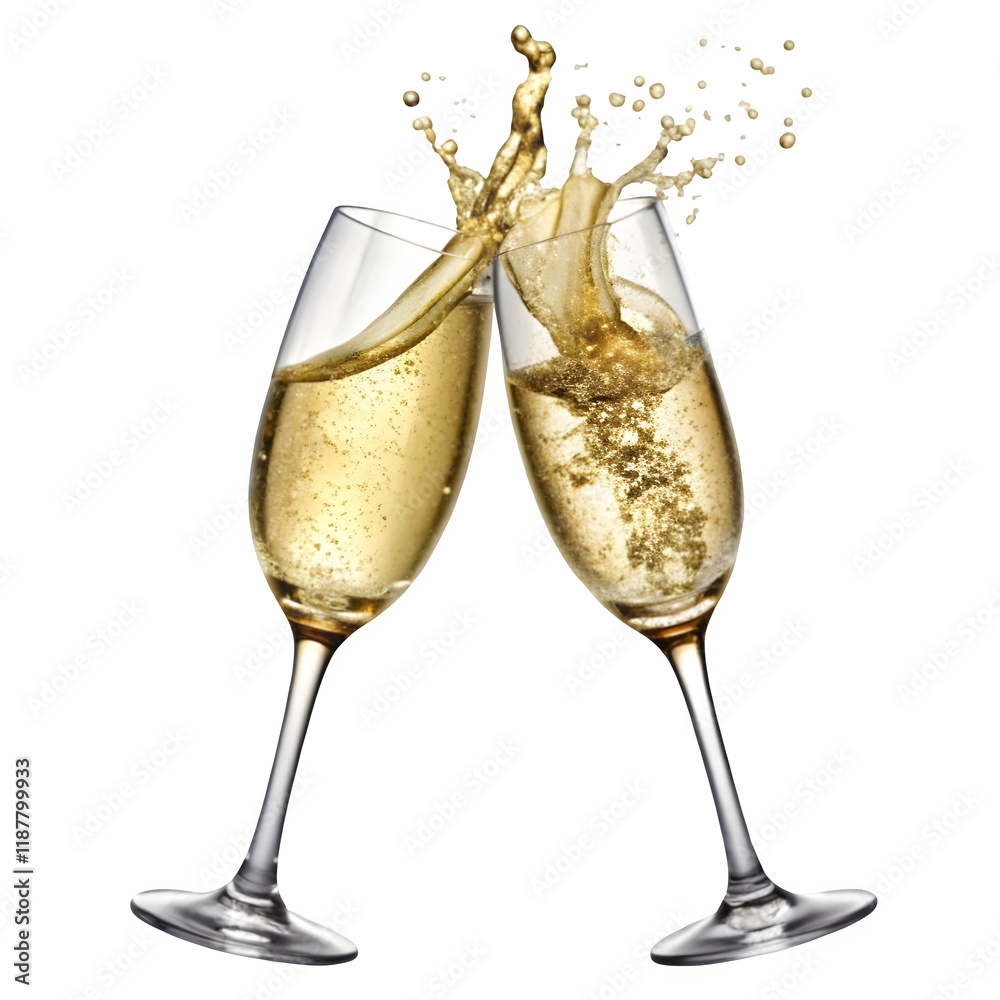 two champagne glasses clinking together in a celebratory toast bubbles ...
