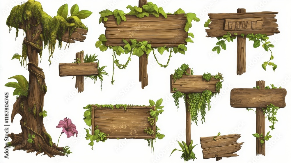 rainforest wooden signboards, tropical game ui elements, jungle path ...