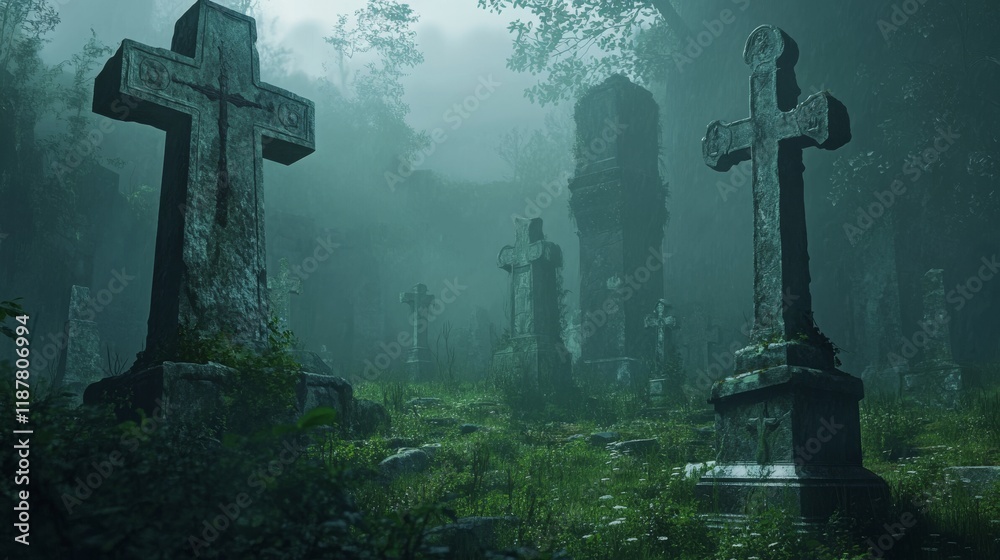 Rural burial ground featuring aged stone markers, towering cross ...