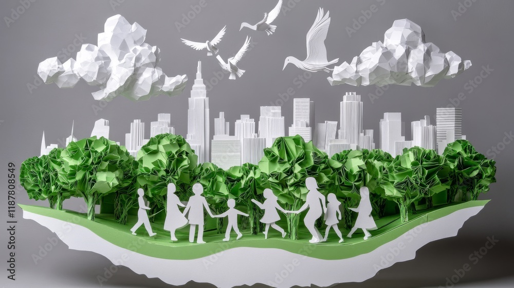 Environmental awareness paper sculpture, green city landscape on curved ...