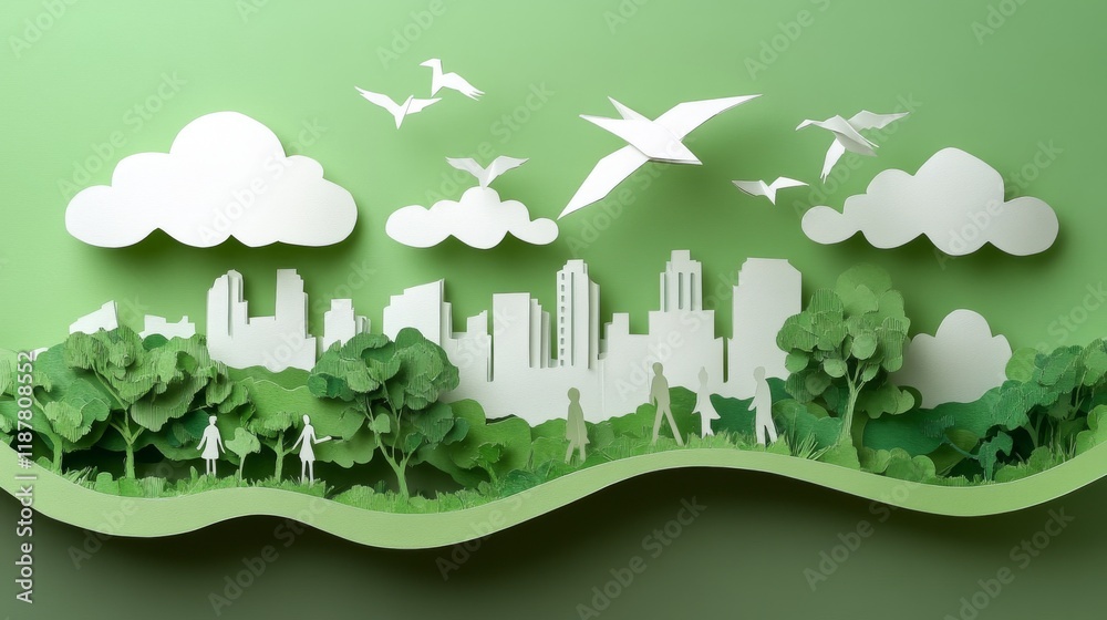 Environmental awareness paper sculpture, green city landscape on curved ...