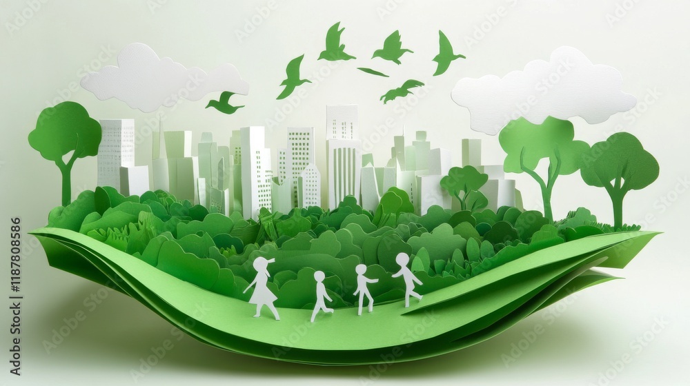 Environmental awareness paper sculpture, green city landscape on curved ...
